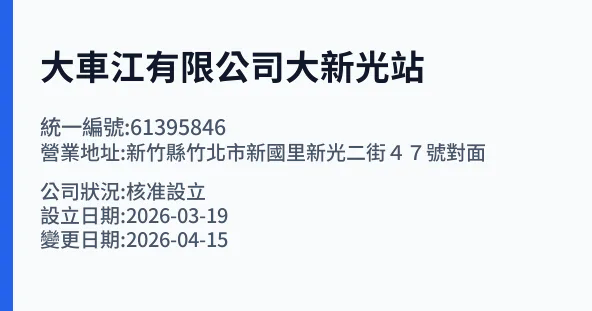 大車江有限公司大新光站的照片-統編 61395846(新竹縣) 公司登記資料與營業項目詳細圖表