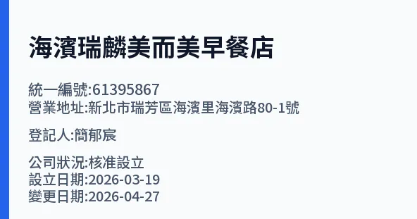 海濱瑞麟美而美早餐店的照片-統編 61395867(新北市) 公司登記資料與營業項目詳細圖表