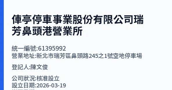 俥亭停車事業股份有限公司瑞芳鼻頭港營業所的照片-統編 61395992(新北市) 公司登記資料與營業項目詳細圖表