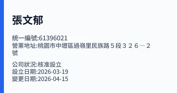 張文郁的照片-統編 61396021(桃園市) 公司登記資料與營業項目詳細圖表
