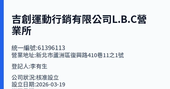 吉創運動行銷有限公司L.B.C營業所的照片-統編 61396113(新北市) 公司登記資料與營業項目詳細圖表