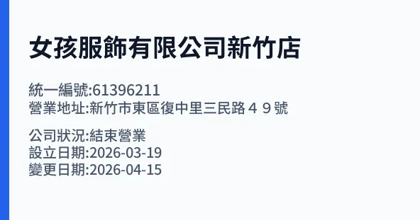 女孩服飾有限公司新竹店的照片-統編 61396211(新竹市) 公司登記資料與營業項目詳細圖表