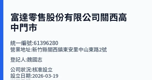 富達零售股份有限公司關西高中門市的照片-統編 61396280(新竹縣) 公司登記資料與營業項目詳細圖表