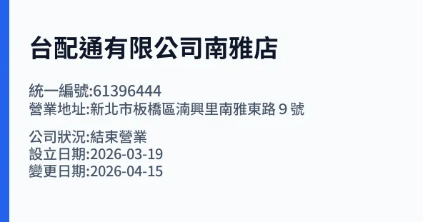 台配通有限公司南雅店的照片-統編 61396444(新北市) 公司登記資料與營業項目詳細圖表