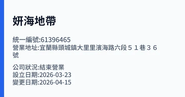 妍海地帶的照片-統編 61396465(宜蘭縣) 公司登記資料與營業項目詳細圖表