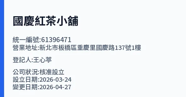 國慶紅茶小舖的照片-統編 61396471(新北市) 公司登記資料與營業項目詳細圖表