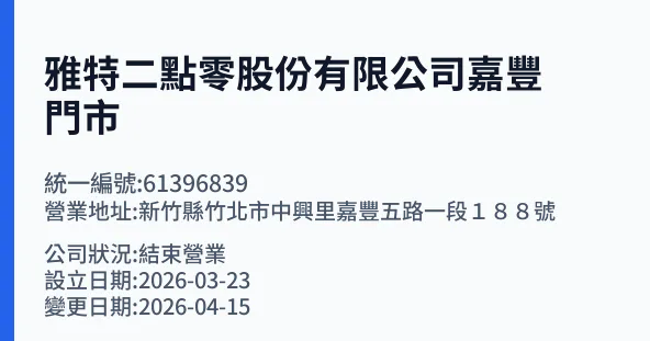 雅特二點零股份有限公司嘉豐門市的照片-統編 61396839(新竹縣) 公司登記資料與營業項目詳細圖表