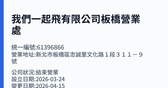 我們一起飛有限公司板橋營業處的照片-統編 61396866(新北市) 公司登記資料與營業項目詳細圖表