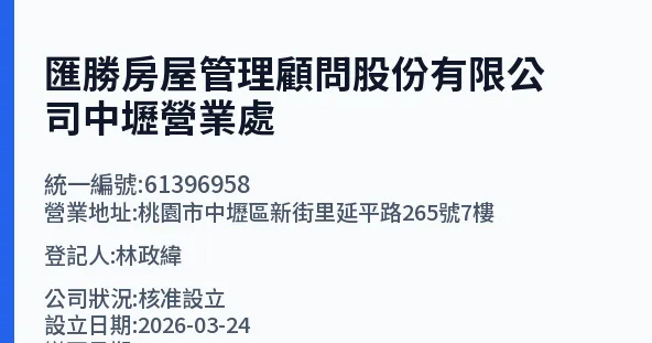 匯勝房屋管理顧問股份有限公司中壢營業處的照片-統編 61396958(桃園市) 公司登記資料與營業項目詳細圖表