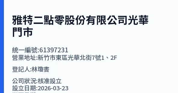 雅特二點零股份有限公司光華門市的照片-統編 61397231(新竹市) 公司登記資料與營業項目詳細圖表