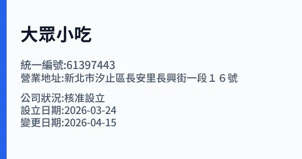 大眾小吃的照片-統編 61397443(新北市) 公司登記資料與營業項目詳細圖表
