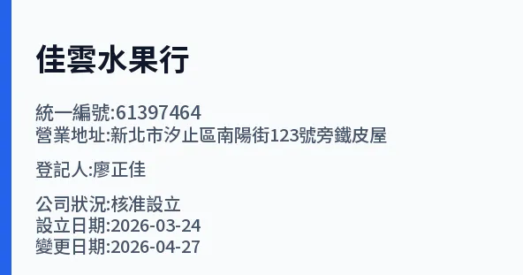 佳雲水果行的照片-統編 61397464(新北市) 公司登記資料與營業項目詳細圖表