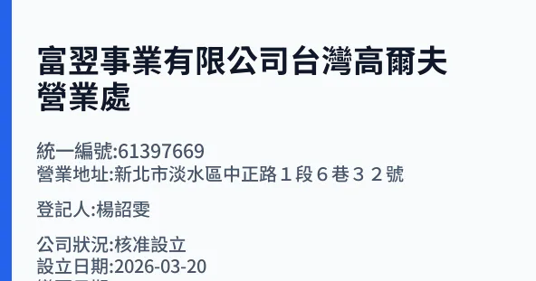 富翌事業有限公司台灣高爾夫營業處的照片-統編 61397669(新北市) 公司登記資料與營業項目詳細圖表
