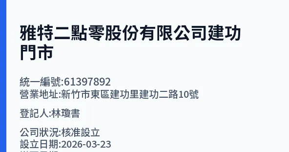 雅特二點零股份有限公司建功門市的照片-統編 61397892(新竹市) 公司登記資料與營業項目詳細圖表