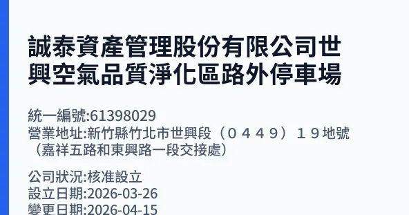 誠泰資產管理股份有限公司世興空氣品質淨化區路外停車場的照片-統編 61398029(新竹縣) 公司登記資料與營業項目詳細圖表