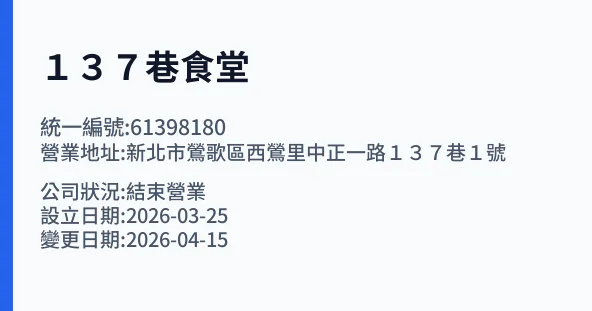 １３７巷食堂的照片-統編 61398180(新北市) 公司登記資料與營業項目詳細圖表