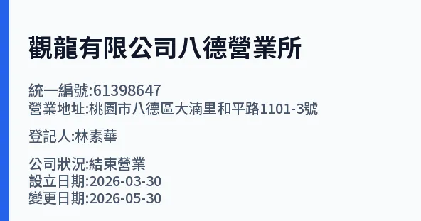 觀龍有限公司八德營業所的照片-統編 61398647(桃園市) 公司登記資料與營業項目詳細圖表