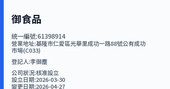 御食品的照片-統編 61398914(基隆市) 公司登記資料與營業項目詳細圖表