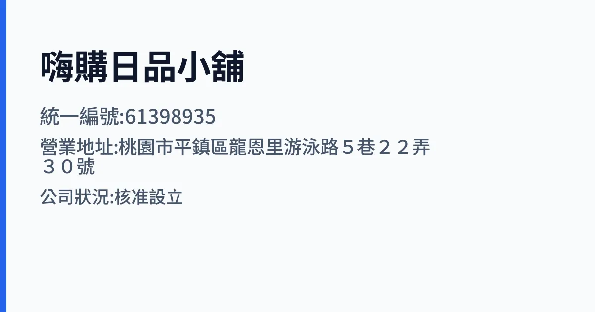 嗨購日品小舖 - 統編 61398935(桃園市) 公司登記資料與營業項目詳細圖表