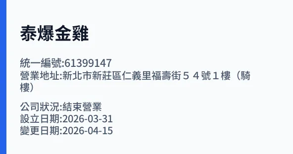泰爆金雞的照片-統編 61399147(新北市) 公司登記資料與營業項目詳細圖表