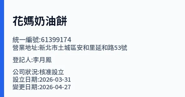 花媽奶油餅的照片-統編 61399174(新北市) 公司登記資料與營業項目詳細圖表