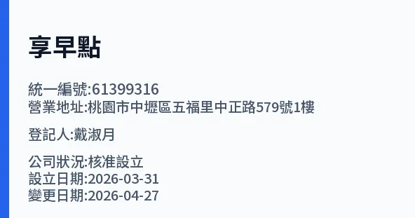 享早點的照片-統編 61399316(桃園市) 公司登記資料與營業項目詳細圖表