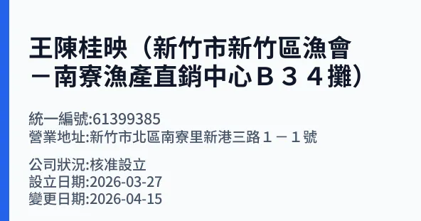 王陳桂映（新竹市新竹區漁會－南寮漁產直銷中心Ｂ３４攤）的照片-統編 61399385(新竹市) 公司登記資料與營業項目詳細圖表