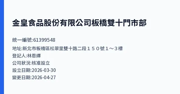 金皇食品股份有限公司板橋雙十門市部的照片-統編 61399548(新北市) 公司登記資料與營業項目詳細圖表