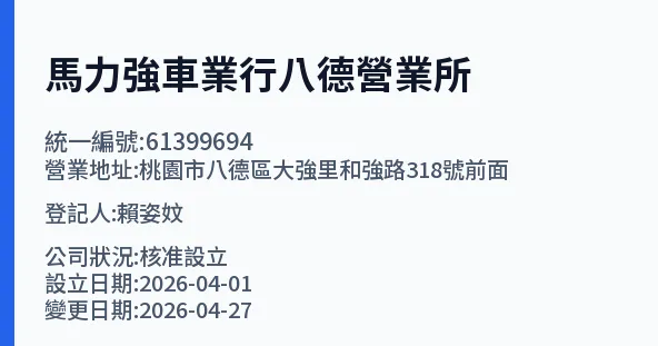 馬力強車業行八德營業所的照片-統編 61399694(桃園市) 公司登記資料與營業項目詳細圖表