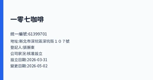 一零七咖啡的照片-統編 61399701(新北市) 公司登記資料與營業項目詳細圖表