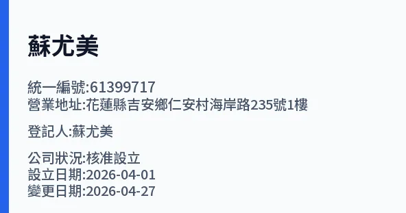 蘇尤美的照片-統編 61399717(花蓮縣) 公司登記資料與營業項目詳細圖表