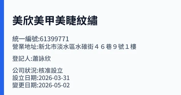 美欣美甲美睫紋繡的照片-統編 61399771(新北市) 公司登記資料與營業項目詳細圖表