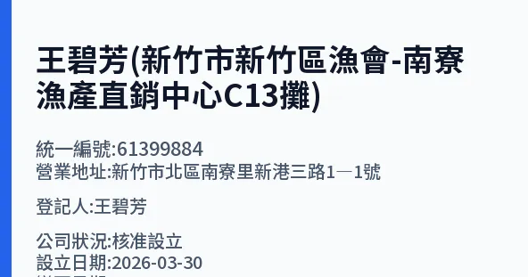 王碧芳(新竹市新竹區漁會-南寮漁產直銷中心C13攤)的照片-統編 61399884(新竹市) 公司登記資料與營業項目詳細圖表