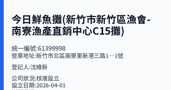 今日鮮魚攤(新竹市新竹區漁會-南寮漁產直銷中心C15攤)的照片-統編 61399998(新竹市) 公司登記資料與營業項目詳細圖表