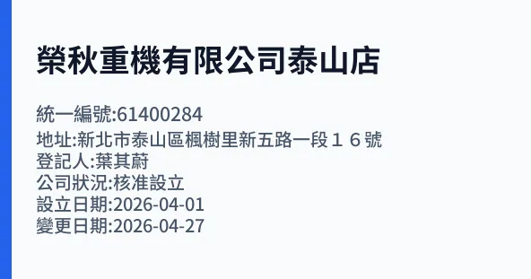 榮秋重機有限公司泰山店的照片-統編 61400284(新北市) 公司登記資料與營業項目詳細圖表