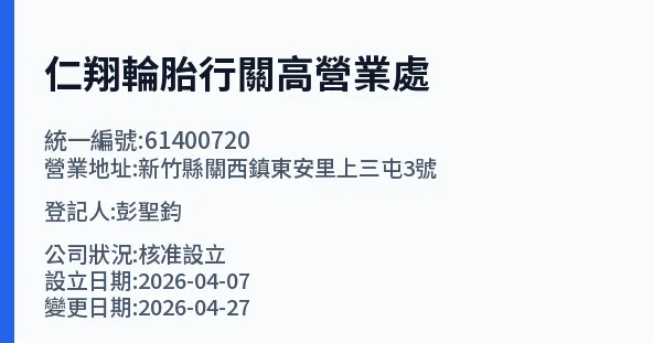 仁翔輪胎行關高營業處的照片-統編 61400720(新竹縣) 公司登記資料與營業項目詳細圖表