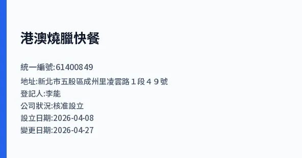 港澳燒臘快餐的照片-統編 61400849(新北市) 公司登記資料與營業項目詳細圖表