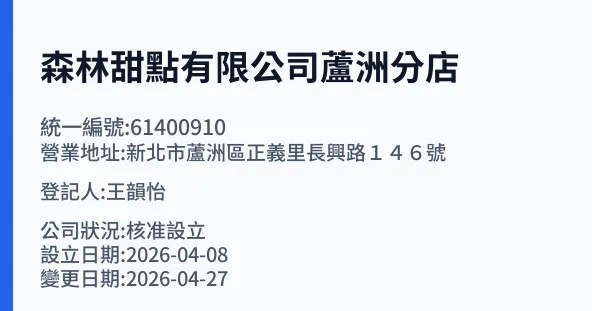 森林甜點有限公司蘆洲分店的照片-統編 61400910(新北市) 公司登記資料與營業項目詳細圖表