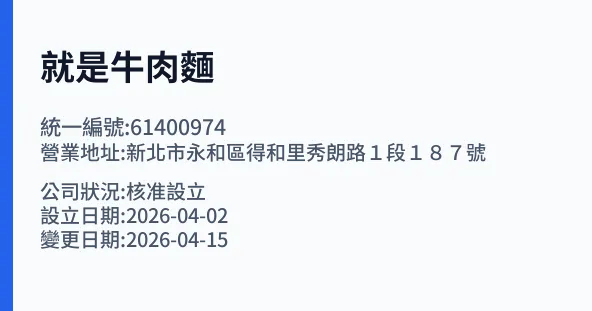 就是牛肉麵的照片-統編 61400974(新北市) 公司登記資料與營業項目詳細圖表