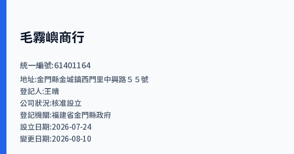 毛霧嶼商行的照片-統編 61401164(金門縣) 公司登記資料與營業項目詳細圖表