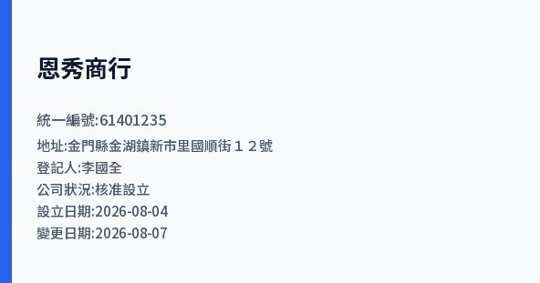 恩秀商行的照片-統編 61401235(金門縣) 公司登記資料與營業項目詳細圖表