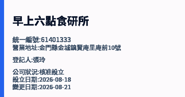 早上六點食研所的照片-統編 61401333(金門縣) 公司登記資料與營業項目詳細圖表