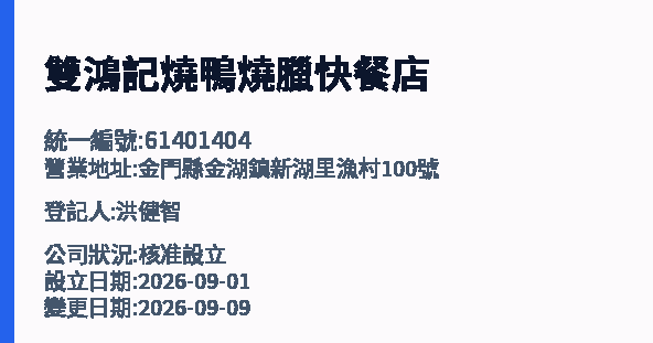 雙鴻記燒鴨燒臘快餐店的照片-統編 61401404(金門縣) 公司登記資料與營業項目詳細圖表