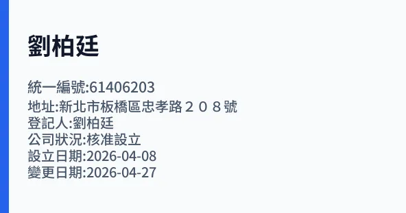 劉柏廷的照片-統編 61406203(新北市) 公司登記資料與營業項目詳細圖表
