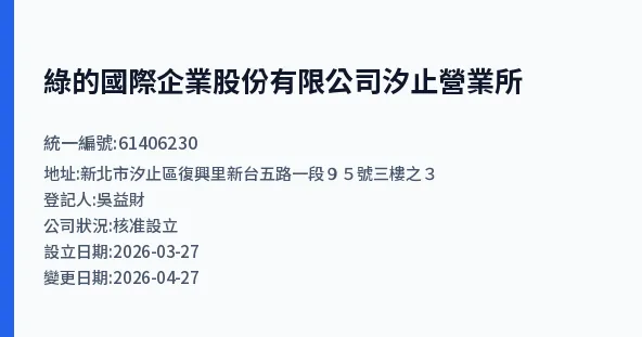 綠的國際企業股份有限公司汐止營業所的照片-統編 61406230(新北市) 公司登記資料與營業項目詳細圖表