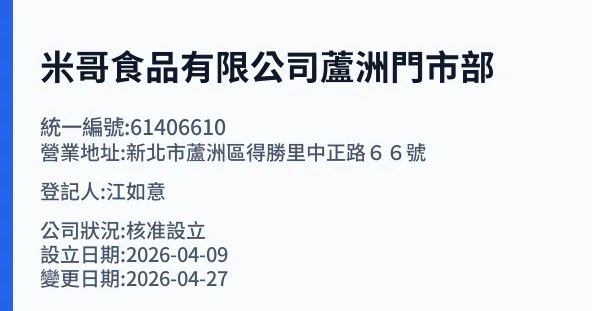 米哥食品有限公司蘆洲門市部的照片-統編 61406610(新北市) 公司登記資料與營業項目詳細圖表