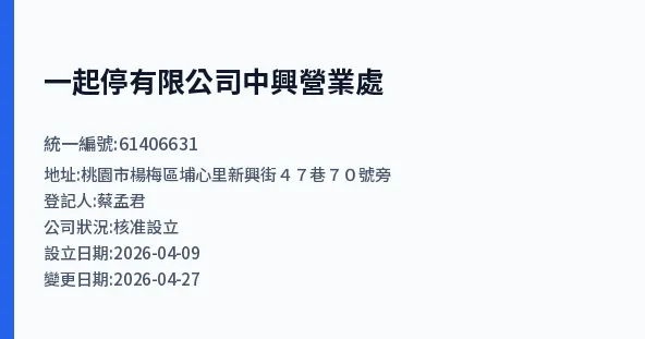 一起停有限公司中興營業處的照片-統編 61406631(桃園市) 公司登記資料與營業項目詳細圖表