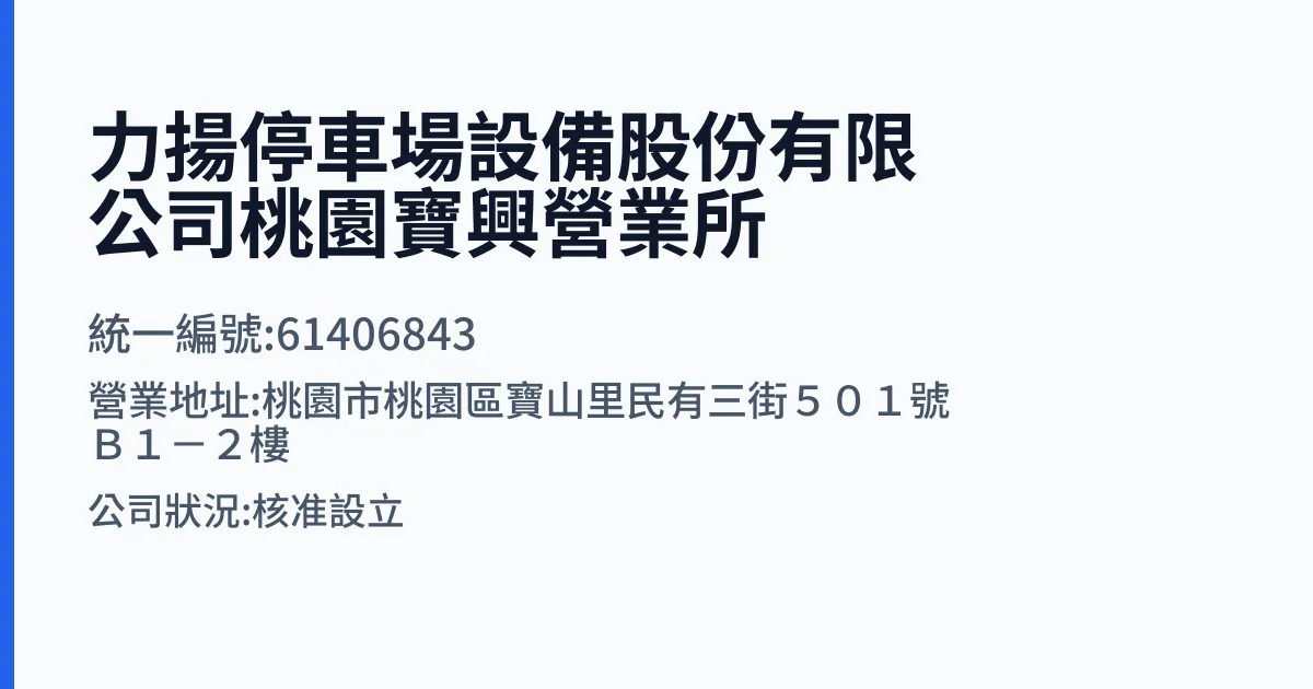 力揚停車場設備股份有限公司桃園寶興營業所 - 統編 61406843(桃園市) 公司登記資料與營業項目詳細圖表