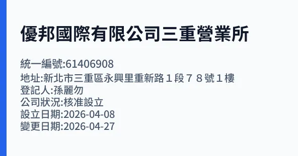 優邦國際有限公司三重營業所的照片-統編 61406908(新北市) 公司登記資料與營業項目詳細圖表