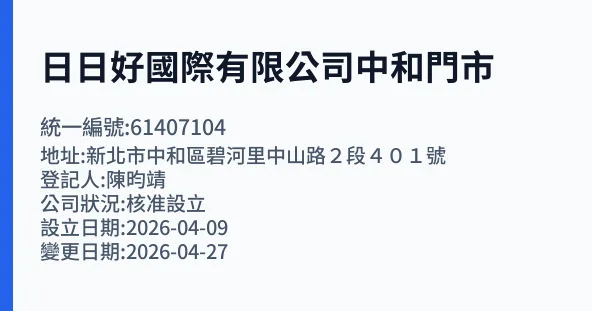 日日好國際有限公司中和門市的照片-統編 61407104(新北市) 公司登記資料與營業項目詳細圖表